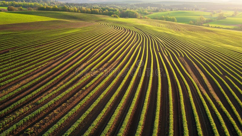 Aerial View of Rolling Green Fields with Parallel Rows of Crops Stock ...