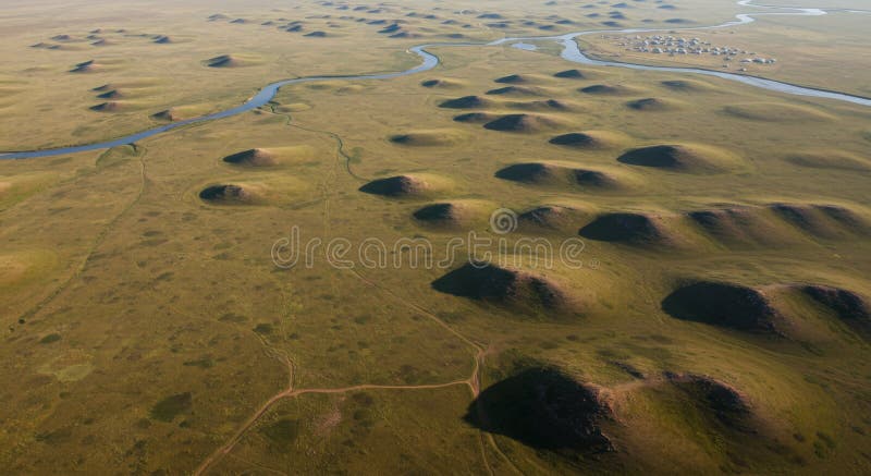 Aerial View of Rolling Green Hills and River Landscape Stock ...