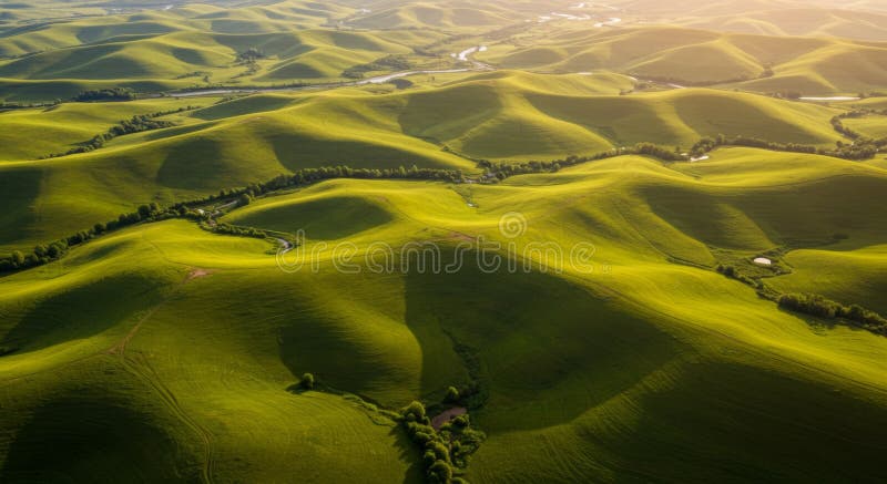 Aerial View of Rolling Green Hills Under Bright Sunlight Stock ...