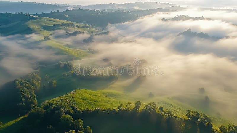 Aerial View of Rolling Hills with Mist and Fog at Sunrise Stock Image ...