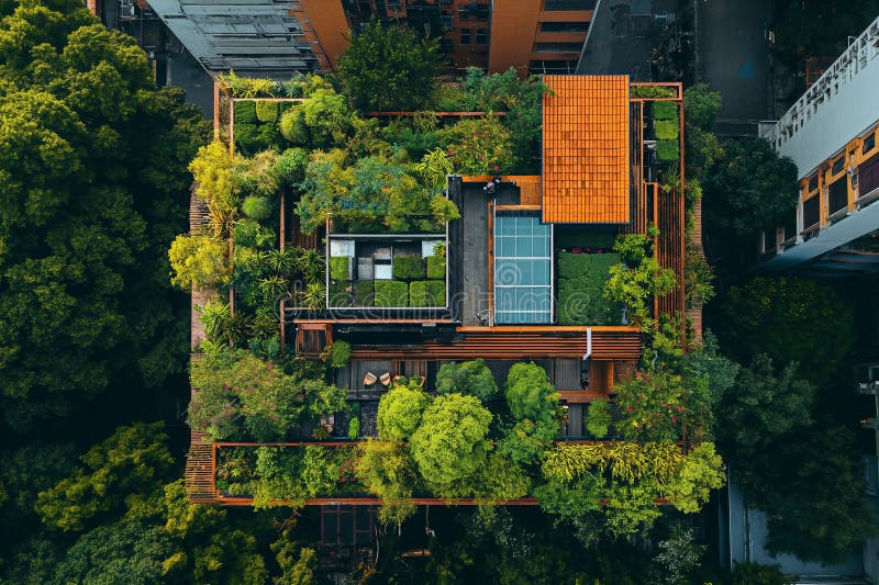 Aerial View of a Rooftop Garden on Top of a Building in the City. the ...
