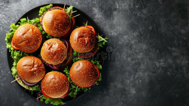Aerial View of a Rotating Plate of Burgers with Copy Space Stock ...
