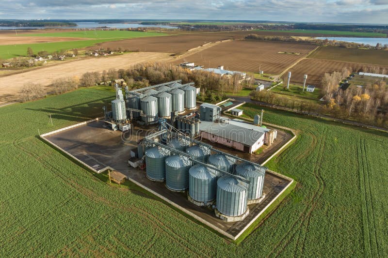 Aerial View on Rows of Agro Silos Granary Elevator with Seeds Cleaning ...