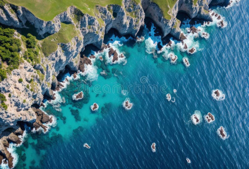 Aerial View of a Rugged Cliff Overlooking the Deep Blue Ocean Under a ...
