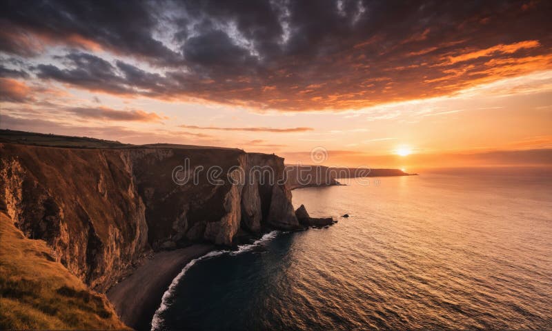 Cliffside Sunset Over the Ocean Stock Illustration - Illustration of ...