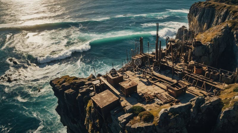 Ruined Coastal Factory on a Cliff Overlooking Powerful Ocean Waves ...