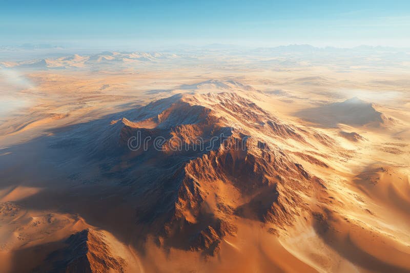 Aerial View of a Rugged Desert Mountain Range Illuminated by Soft ...