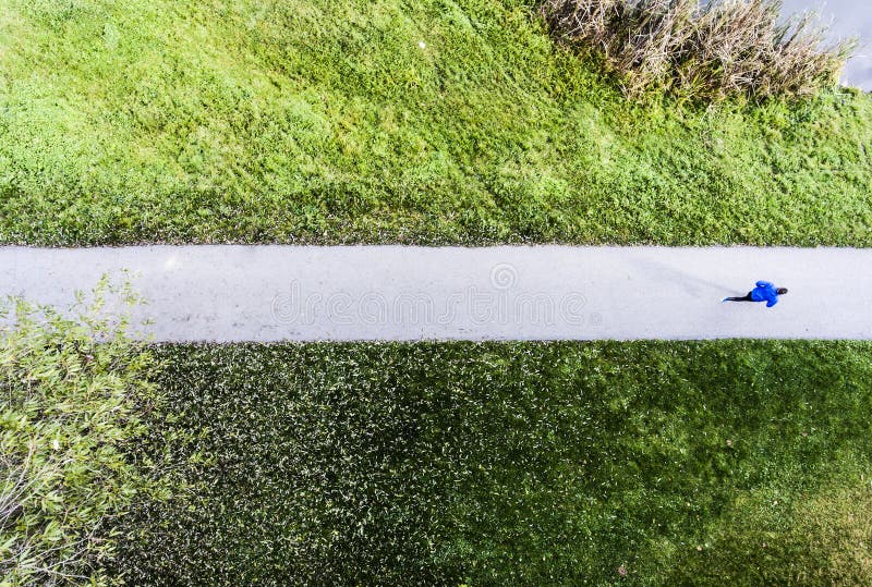 Aerial View of a Runner Running through the Park on a Jogging Path ...