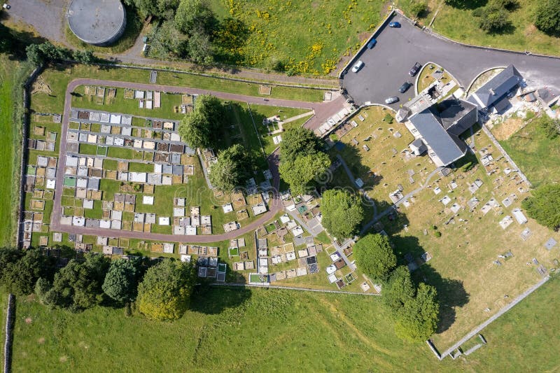 Aerial View of a Rural Church and Graveyard in Ireland Stock Image ...
