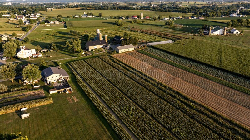 Aerial View of Rural Farmland and Community at Sunset Stock Image ...