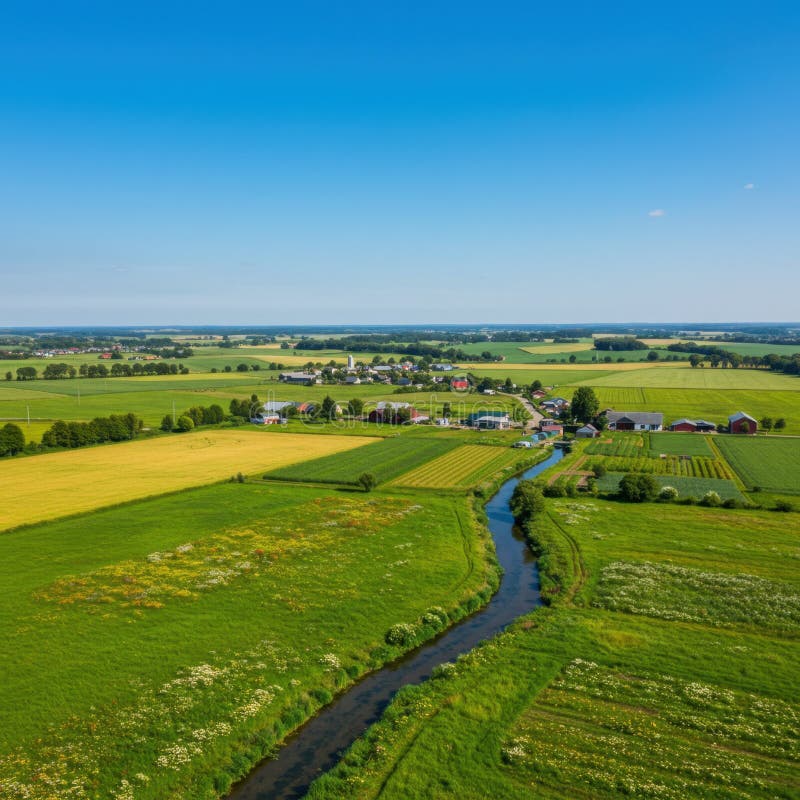 Aerial View of Rural Farmland with River Stock Illustration ...