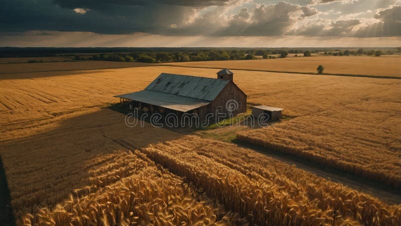 Golden Hour Barn in Wheat Field, Rural Landscape Photography Stock ...