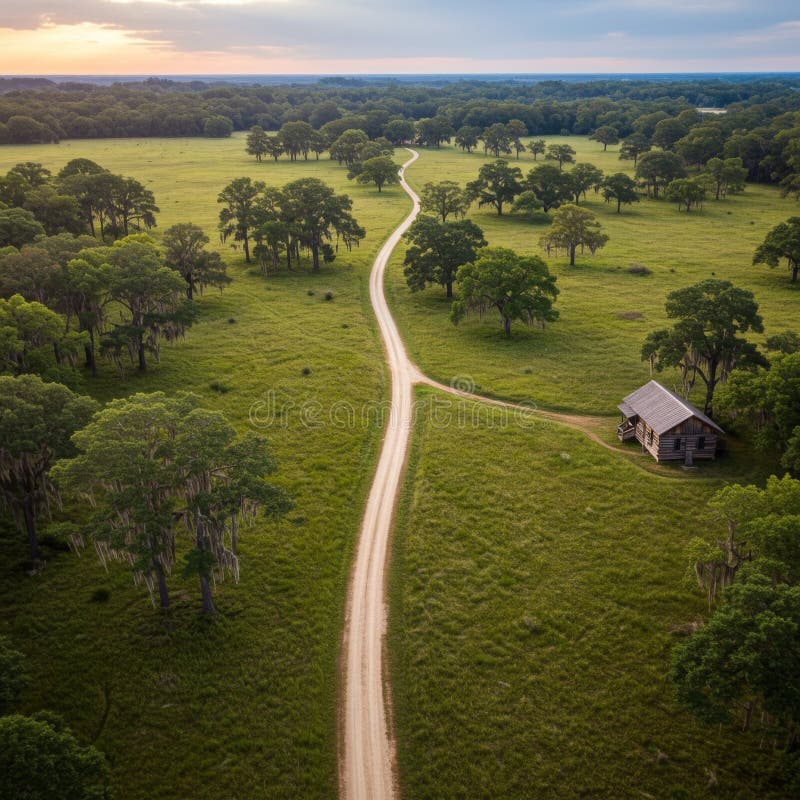 Aerial View of Rustic Cabin on Grassland with Dirt Road at Sunset Stock ...