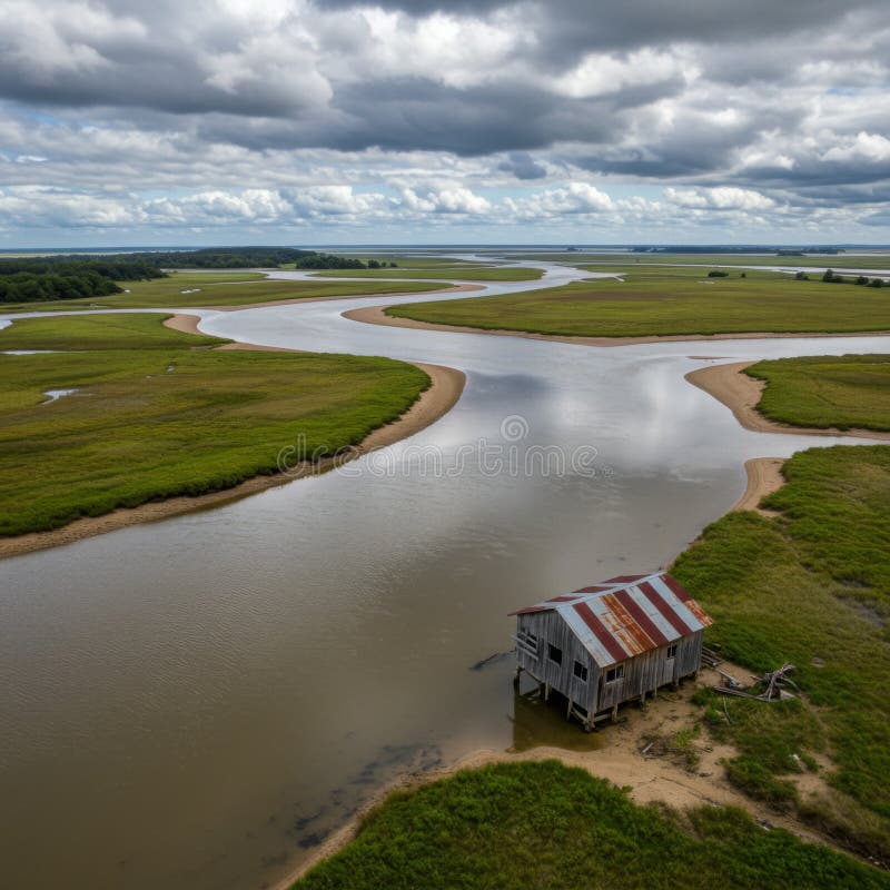 Aerial View of a Rustic House on a River in a Marsh Landscape Stock ...