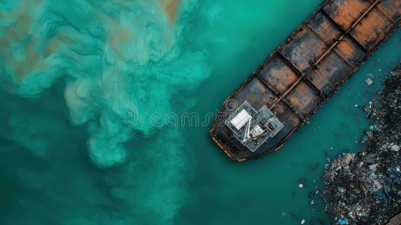 Aerial View of a Rusting Ship Surrounded by Contaminated Water and ...