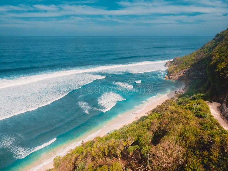 Aerial View of Sandy Beach with Rock and Beautiful Ocean Stock Image ...