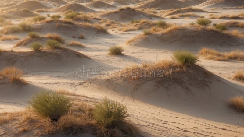 Aerial View of a Sandy Desert with Sparse Vegetation and Rock ...