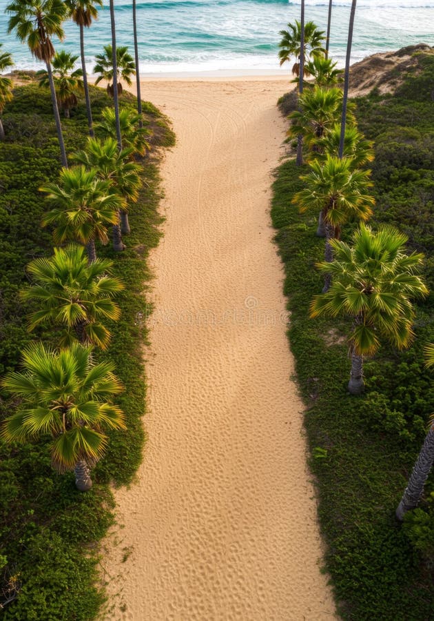 Aerial View of Sandy Path between Palm Trees Leading To Ocean Stock ...