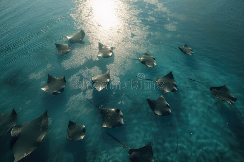 Aerial View of School of Rays Swimming Toward the Surface Stock ...