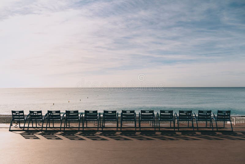Aerial View of Sea with Chairs on Beach Stock Photo - Image of water ...