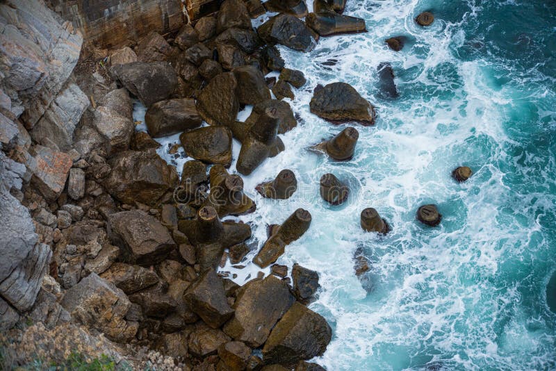 Aerial View of Sea Waves Splashing Against Rocks Stock Image - Image of ...