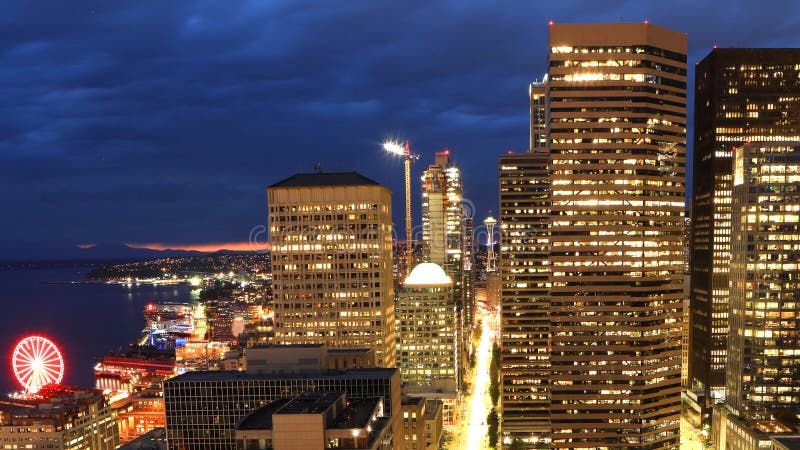 Aerial View of Seattle, Washington Skyline at Night Stock Image - Image ...