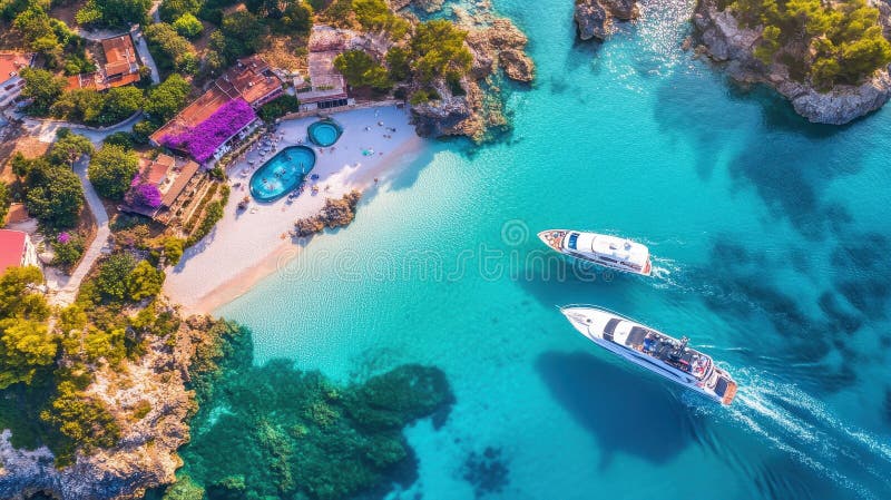 Aerial View of Secluded Beach Cove with Luxury Yachts Stock ...