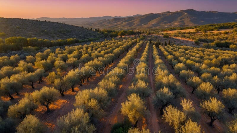 Golden Hour Olive Grove: Aerial View of Rows of Olive Trees at Sunset ...