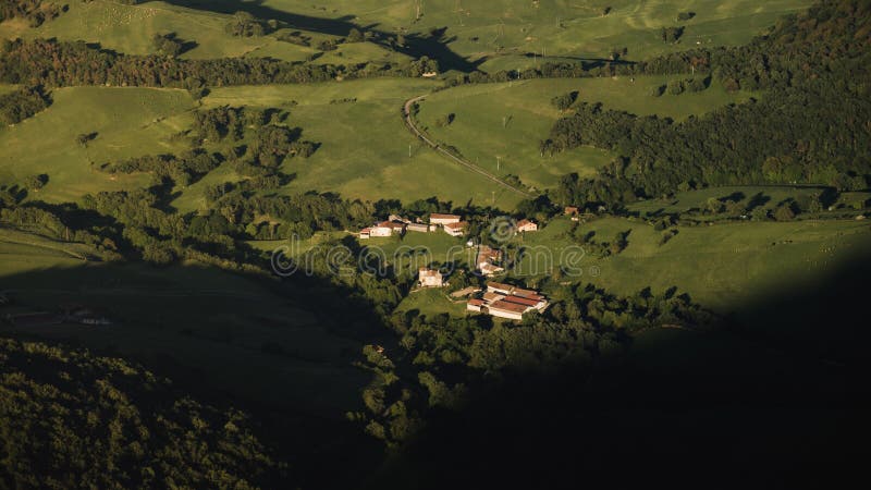 Aerial View of a Serene Village in the Basque Countryside at Sunset ...