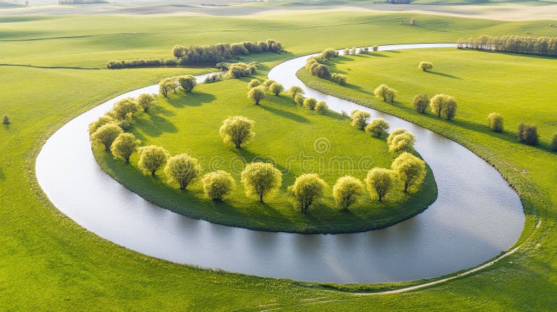Aerial View Serpentine River Bending Green Landscape Trees Stock Photos ...