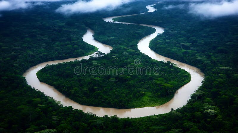 Aerial View of Serpentine River Winding through Lush Amazon Rainforest ...