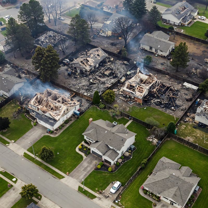 Aerial View of Several Houses Damaged by Fire and Surrounded by Smoke ...