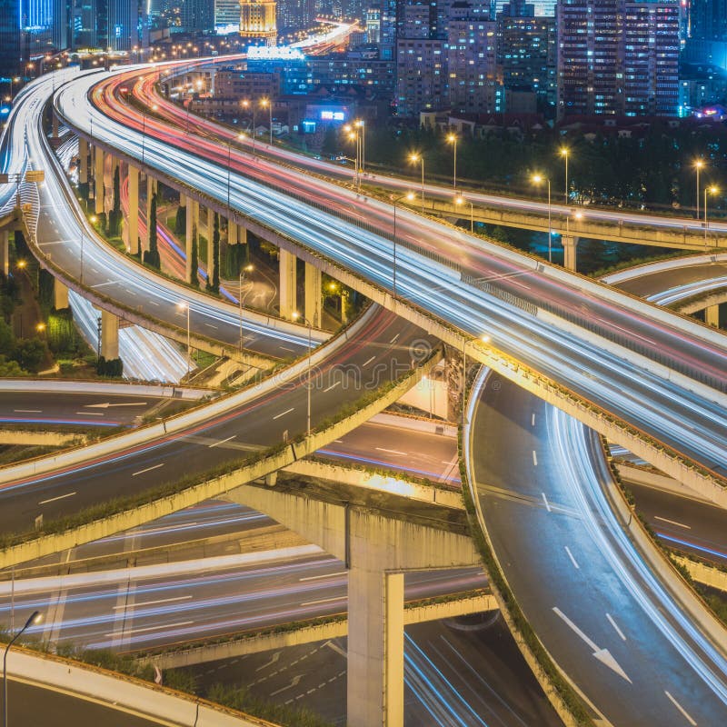Aerial View of Shanghai Overpass at Night in China Stock Photo - Image ...