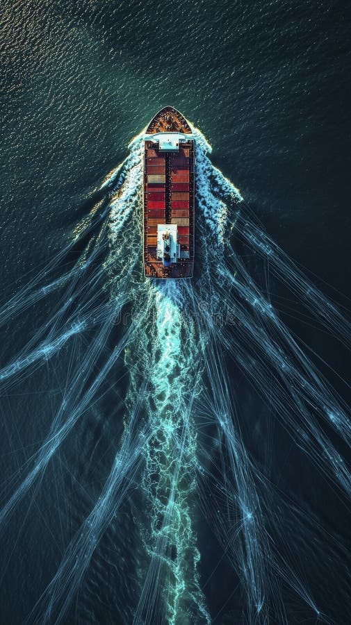 Aerial View of a Ship with Dynamic Blue Trails Stock Illustration ...