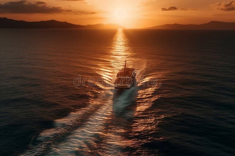 Aerial View of the Ship at Sunset. Generative AI. Stock Illustration ...