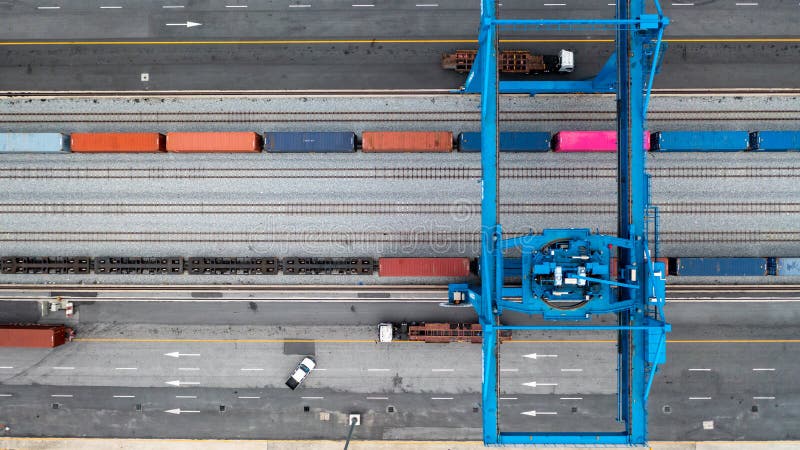 Aerial View of Shipping Container Rail Terminal, Train Wagon Cargo ...