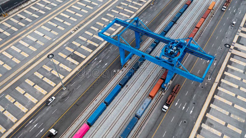 Aerial View of Shipping Container Rail Terminal, Train Wagon Cargo ...
