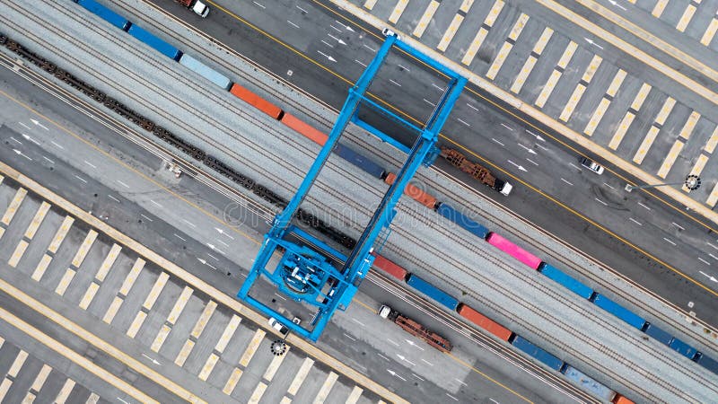 Aerial View of Shipping Container Rail Terminal, Train Wagon Cargo ...