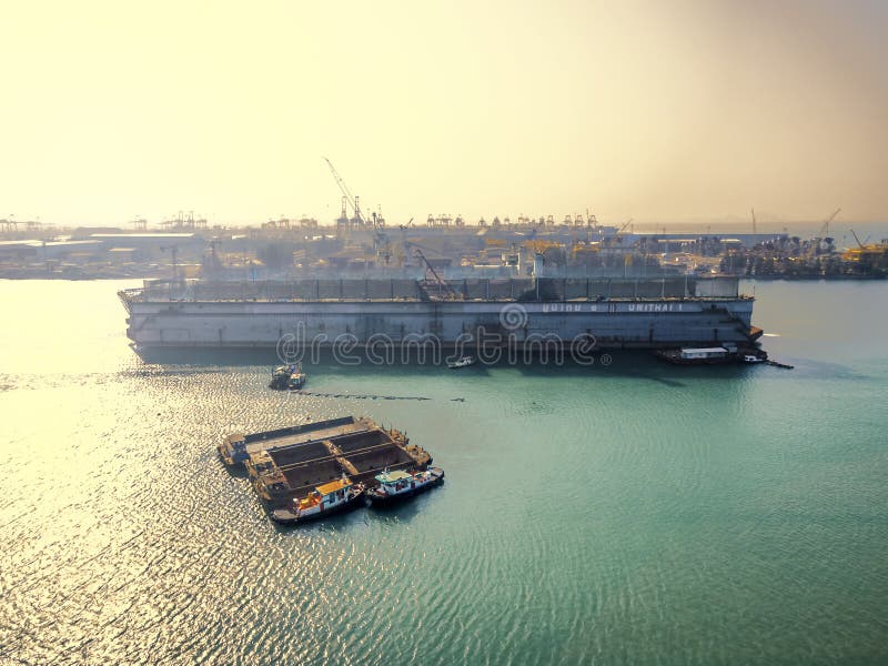 Aerial View Shipyard Have Crane Machine and Container Ship in Gr Stock ...