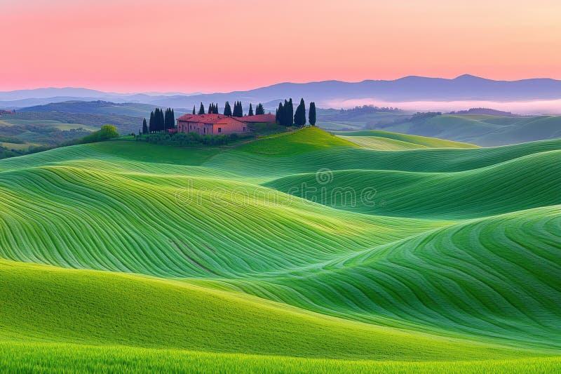 Aerial View Showcases a Green Field with a Distant House Under a Clear ...