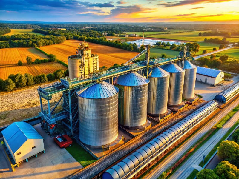 A Comprehensive Aerial Perspective of a Modern Grain Handling Facility Storage Bins Conveyors ...