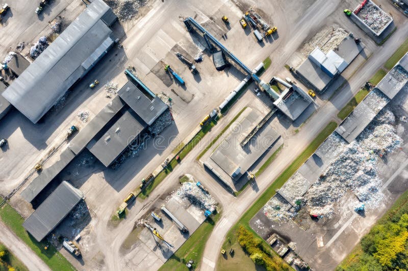 Aerial View Showcases Waste-Sorting Facility with Geometric Machinery ...