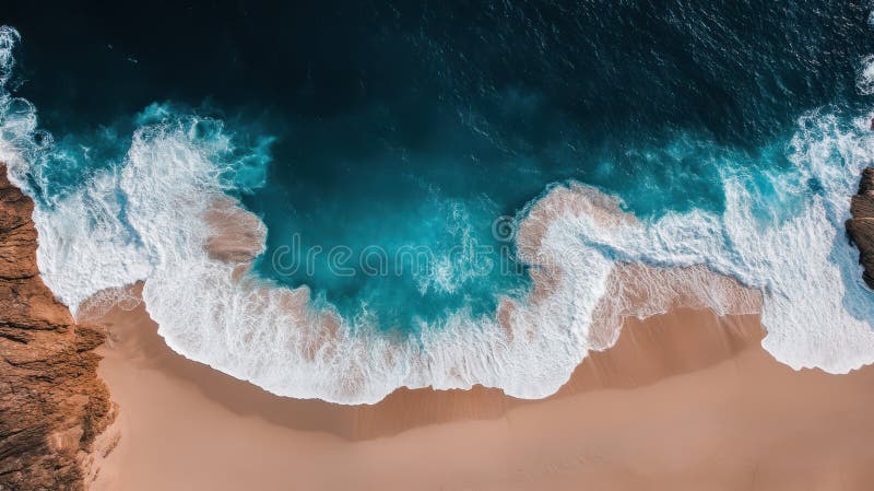 Aerial View Showcasing a Beach with a Wave Crashing Onto the Sandy ...