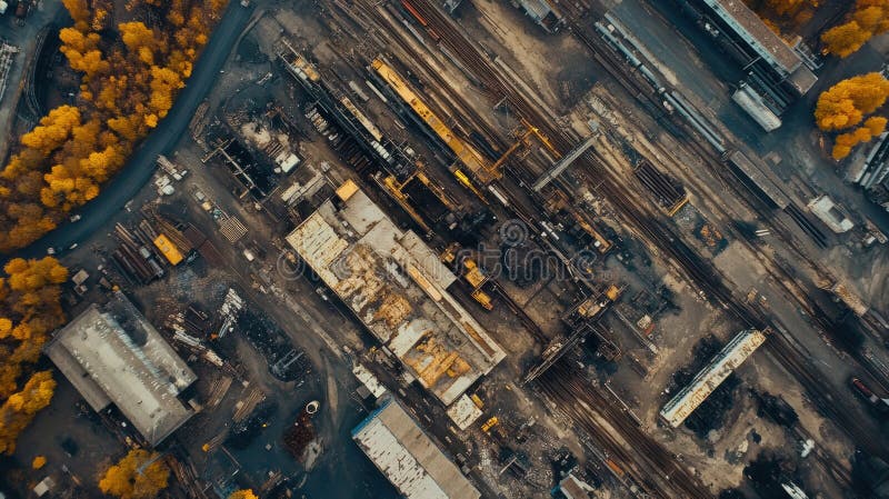 Aerial View Showcasing a Busy Train Yard Filled with Various Trains and ...