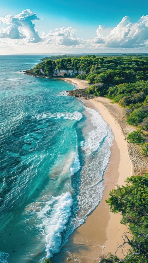 Aerial View Showing a Long Sandy Beach with Ocean Waves Gently Lapping ...