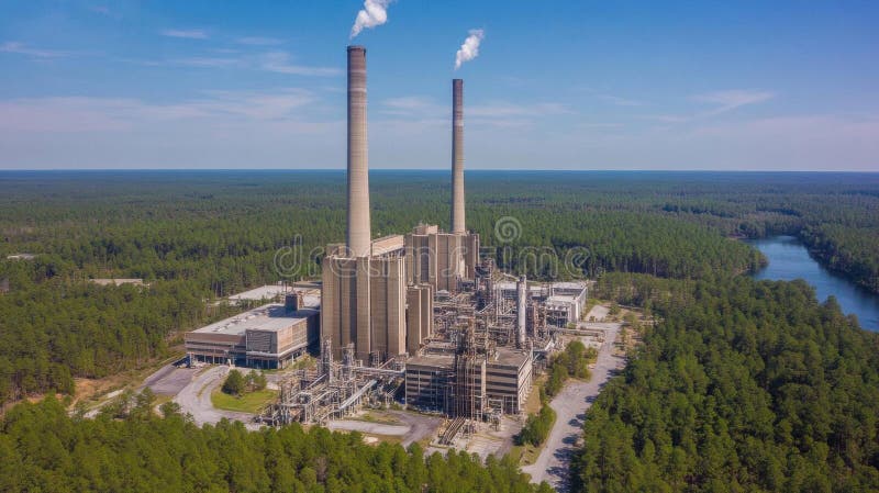 Aerial View Shows Industrial Complex Nestled by Forest and River ...