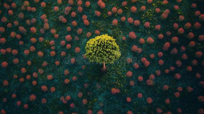An Aerial View of a Single Green Tree Surrounded by Red Bushes Stock ...