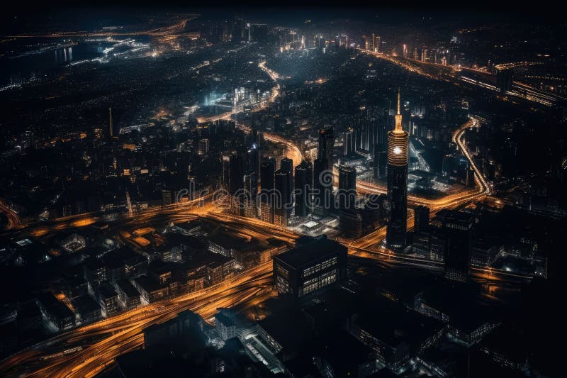 An Aerial View from the Sky of a Large City at Night. Created with ...