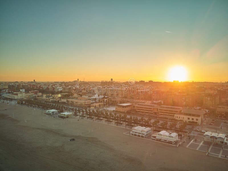 Aerial View of the Skyline at Sunset from the Malvarrosa Beach in ...