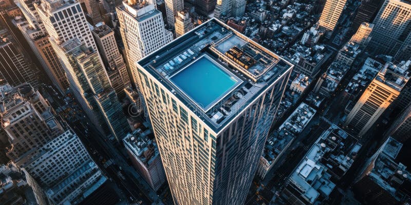 Aerial View of a Skyscraper Featuring a Rooftop Pool Amidst a Cityscape ...